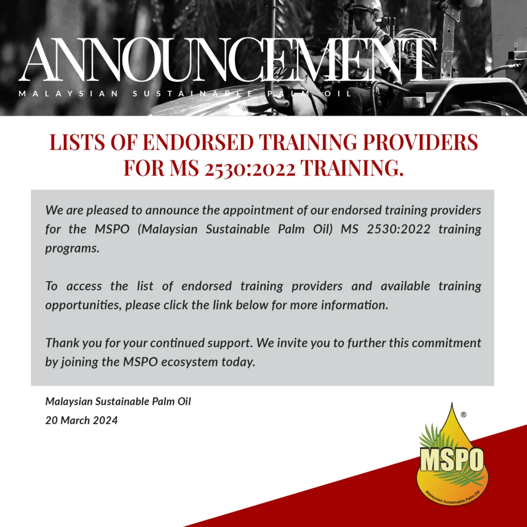 Lists of Endorsed Training Providers for MS 2530:2022 Training – MSPO